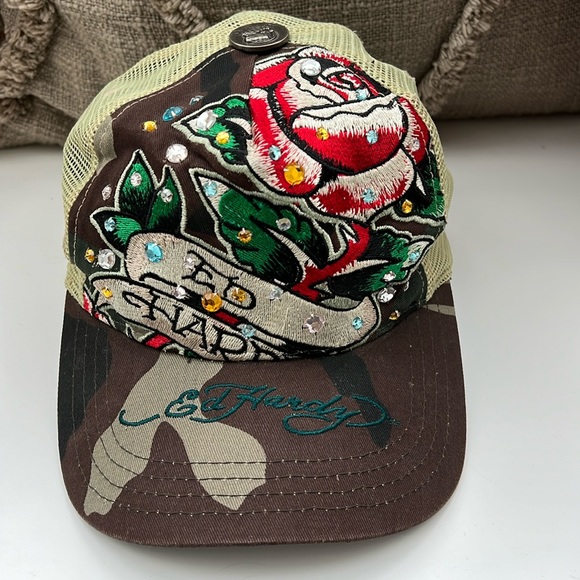 Ed Hardy | Accessories | Rare Vintage Bling Camo Ed Hardy Trucker Hat ...